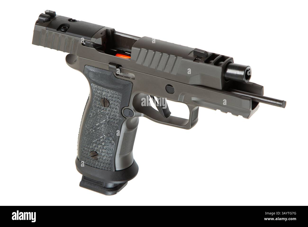 Modern tactical semi-automatic pistol shown with slide locked back and ...