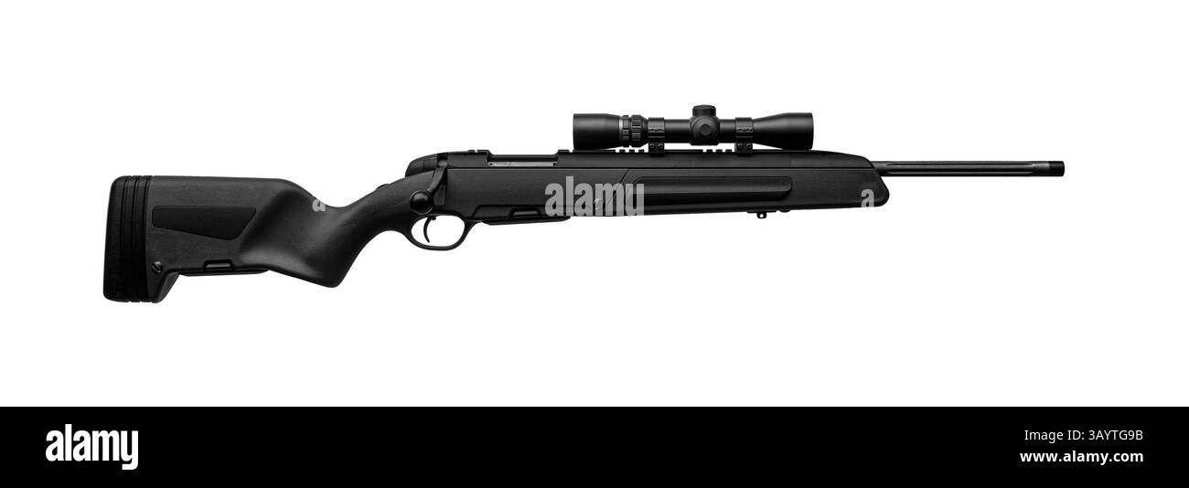 Black tactical bolt-action rifle with mounted scope, modern polymer ...