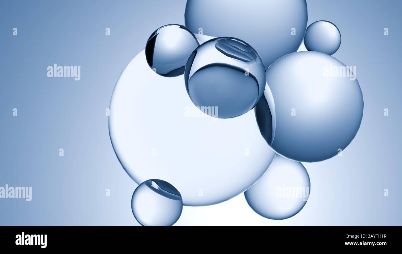 Floating water bubbles, essential Oil for cosmetics in water. blue ...