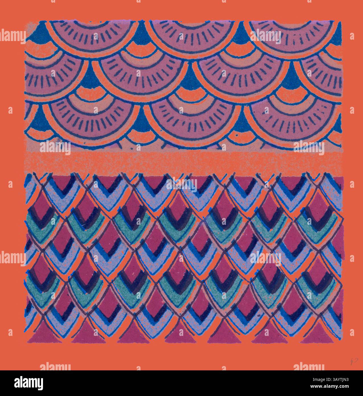 A vibrant pattern featuring overlapping scalloped shapes in warm hues ...