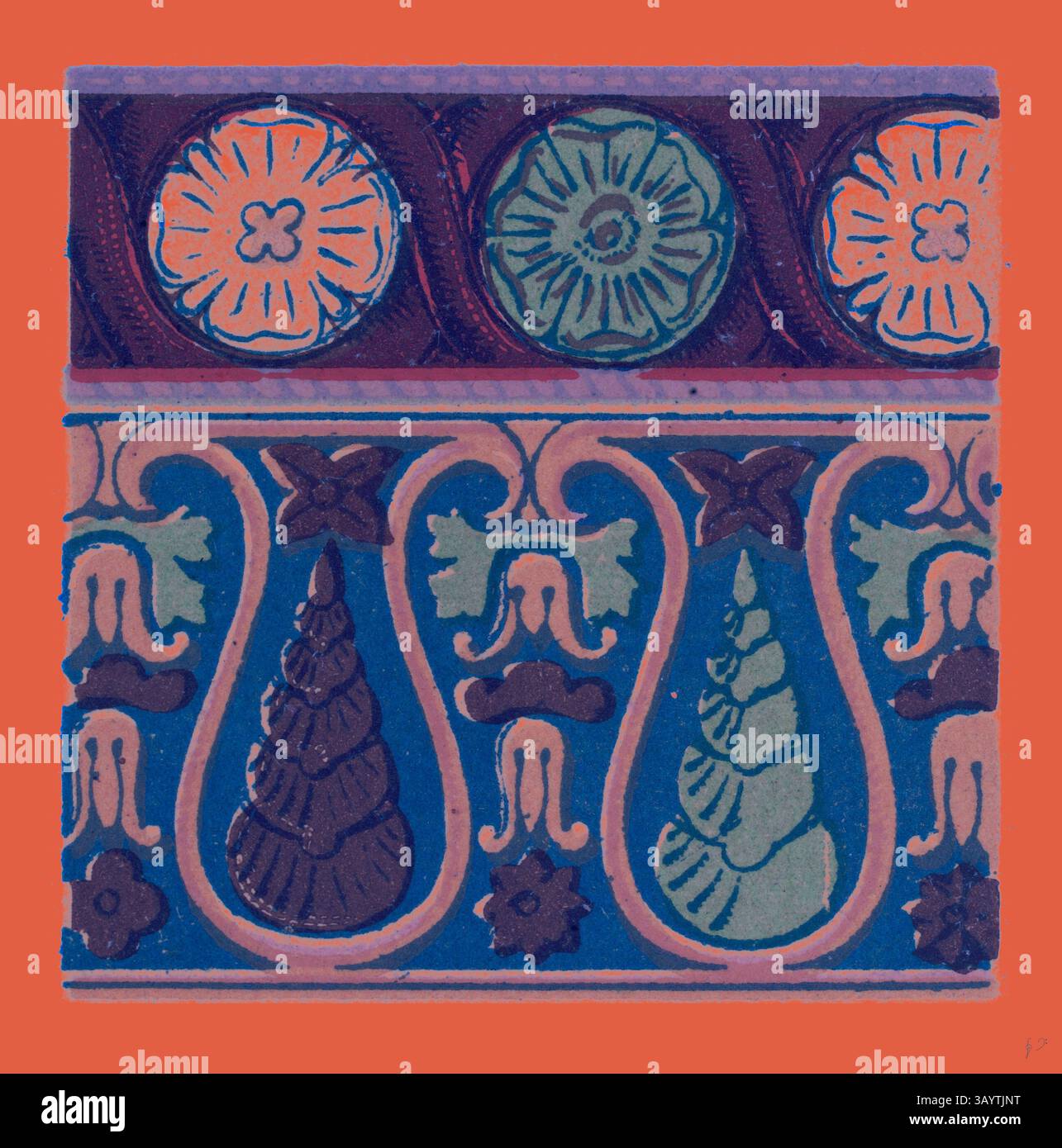 A vibrant tile design featuring intricate floral and shell motifs ...
