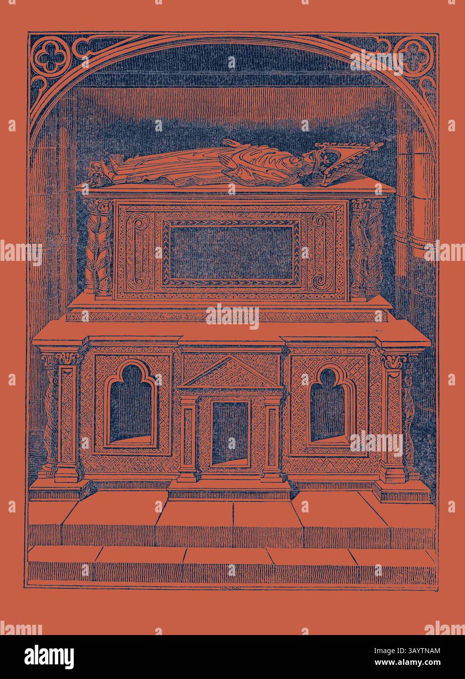 A detailed depiction of a decorative tomb, featuring intricate carvings ...