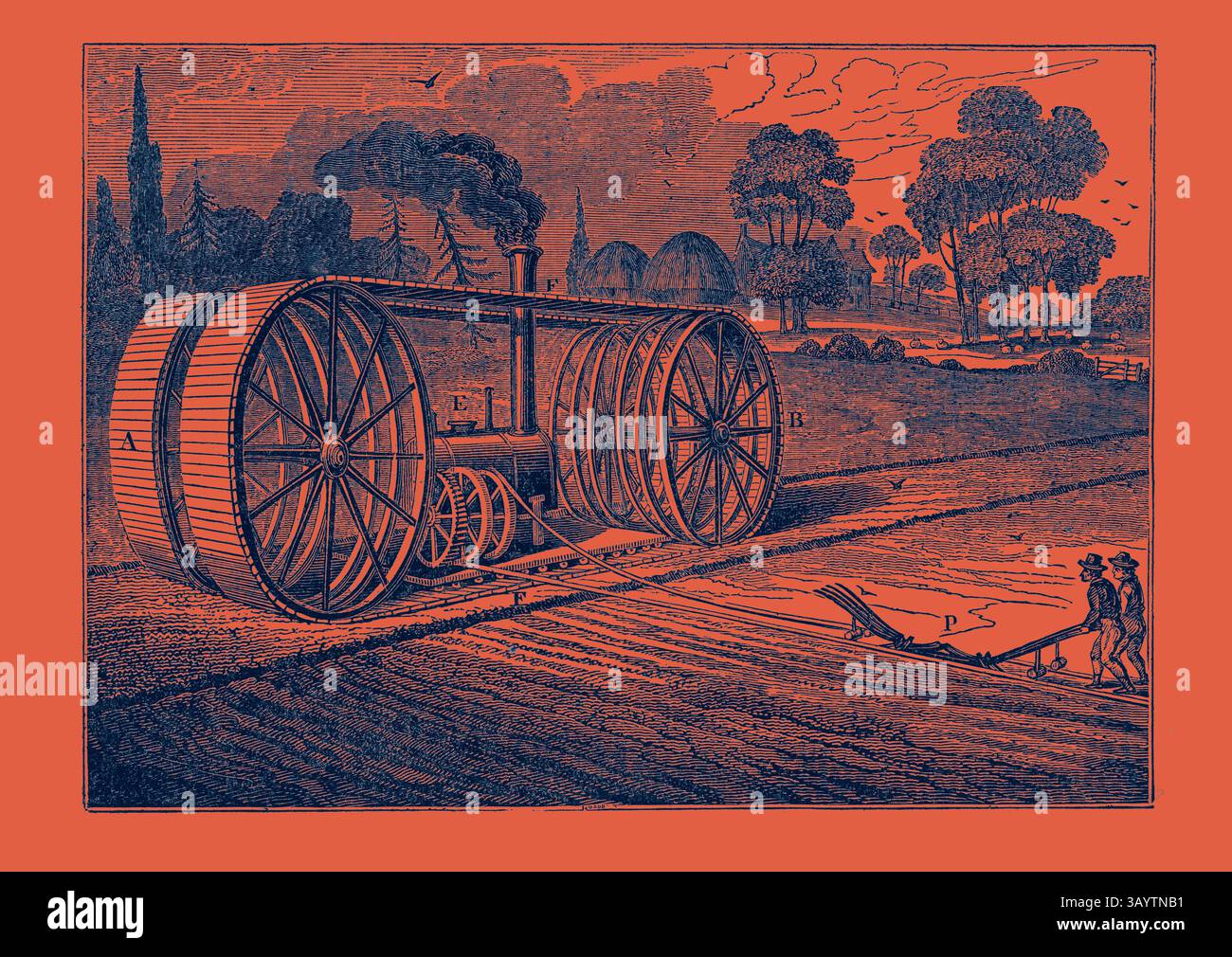 A vintage steam engine equipped with large wheels plows a field, while ...