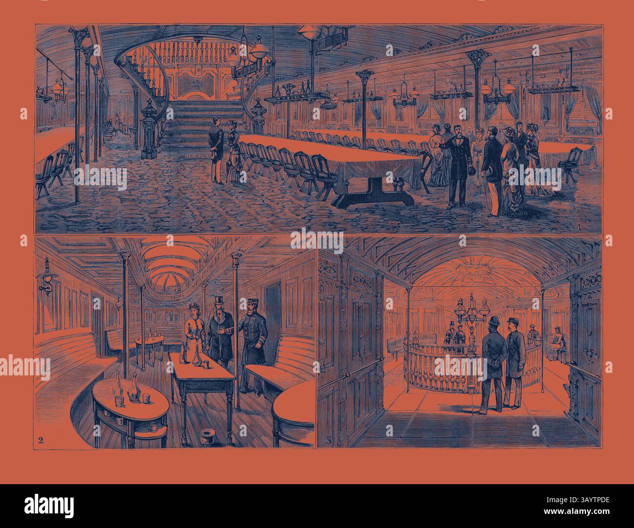 An elegant interior space featuring various social scenes, including a ...