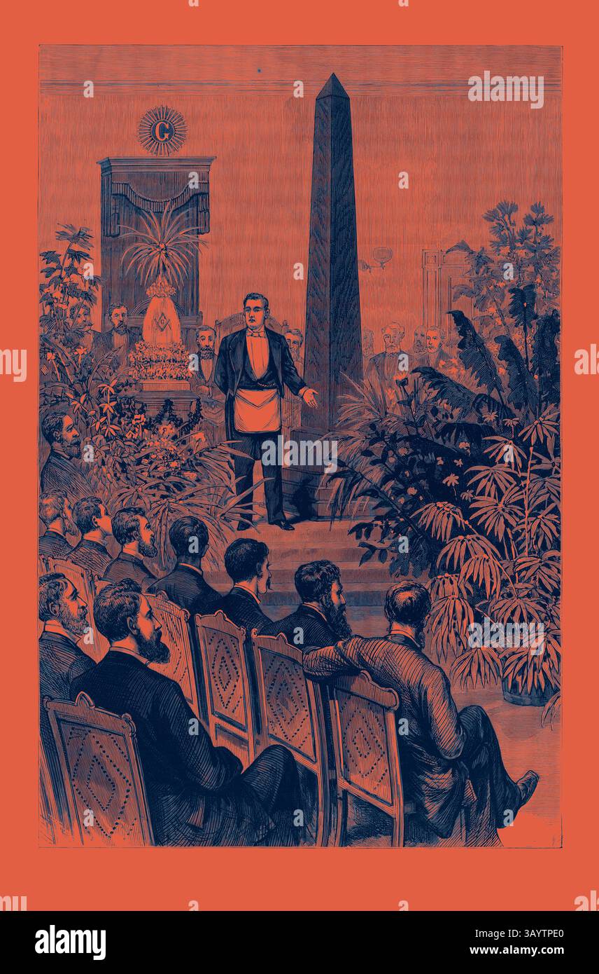 A formal gathering depicts a speaker standing before an obelisk ...