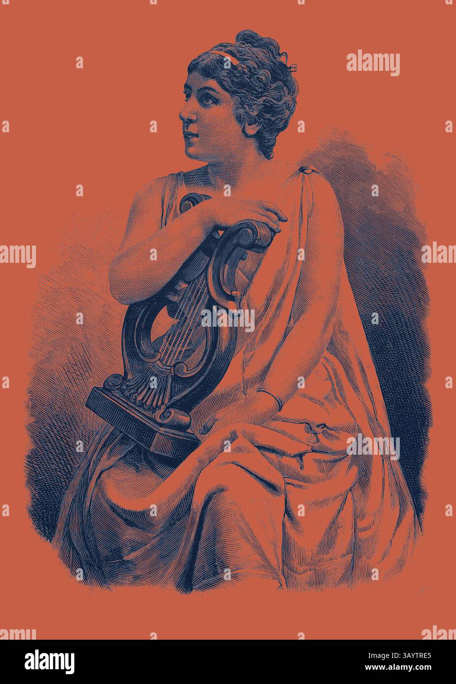 A seated figure draped in classical attire holds a lyre, exuding an air ...