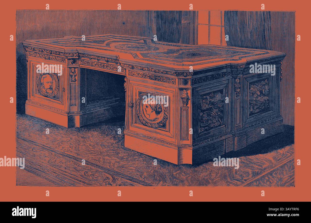 A beautifully crafted, ornate desk featuring intricate carvings and ...