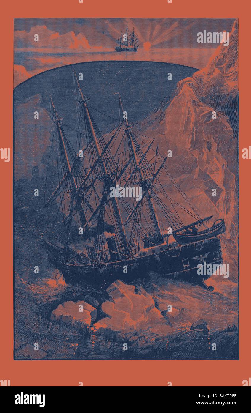 A detailed scene depicting a sailing ship navigating icy waters ...