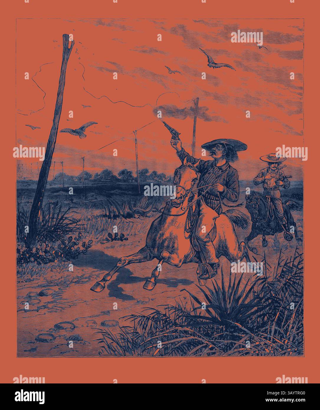 A cowboy rides a spirited horse along a dirt path, drawing a pistol and ...