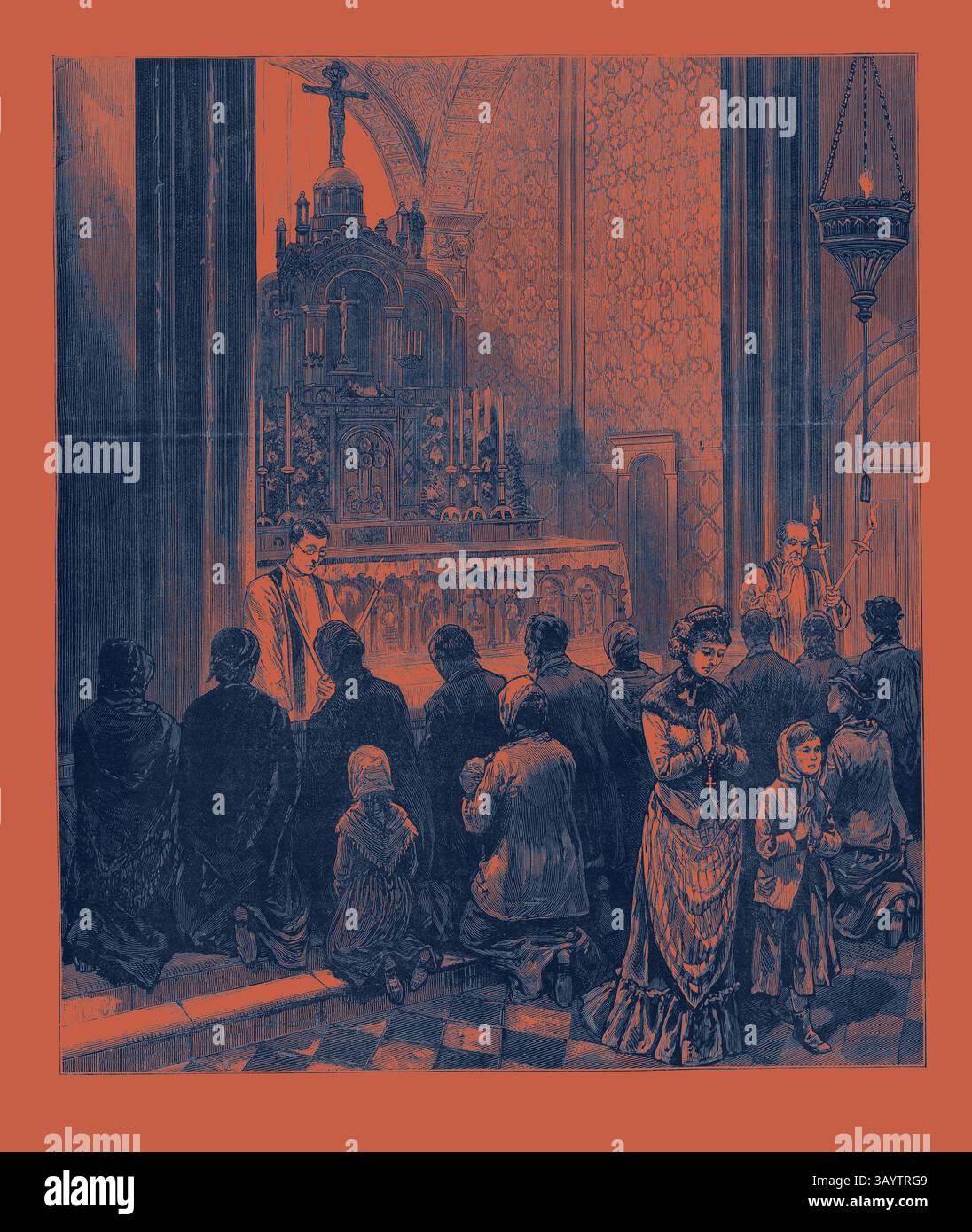 A solemn gathering of individuals, kneeling in prayer before an ornate ...