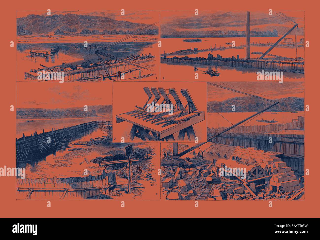 A series of detailed illustrations depicting a construction site along ...