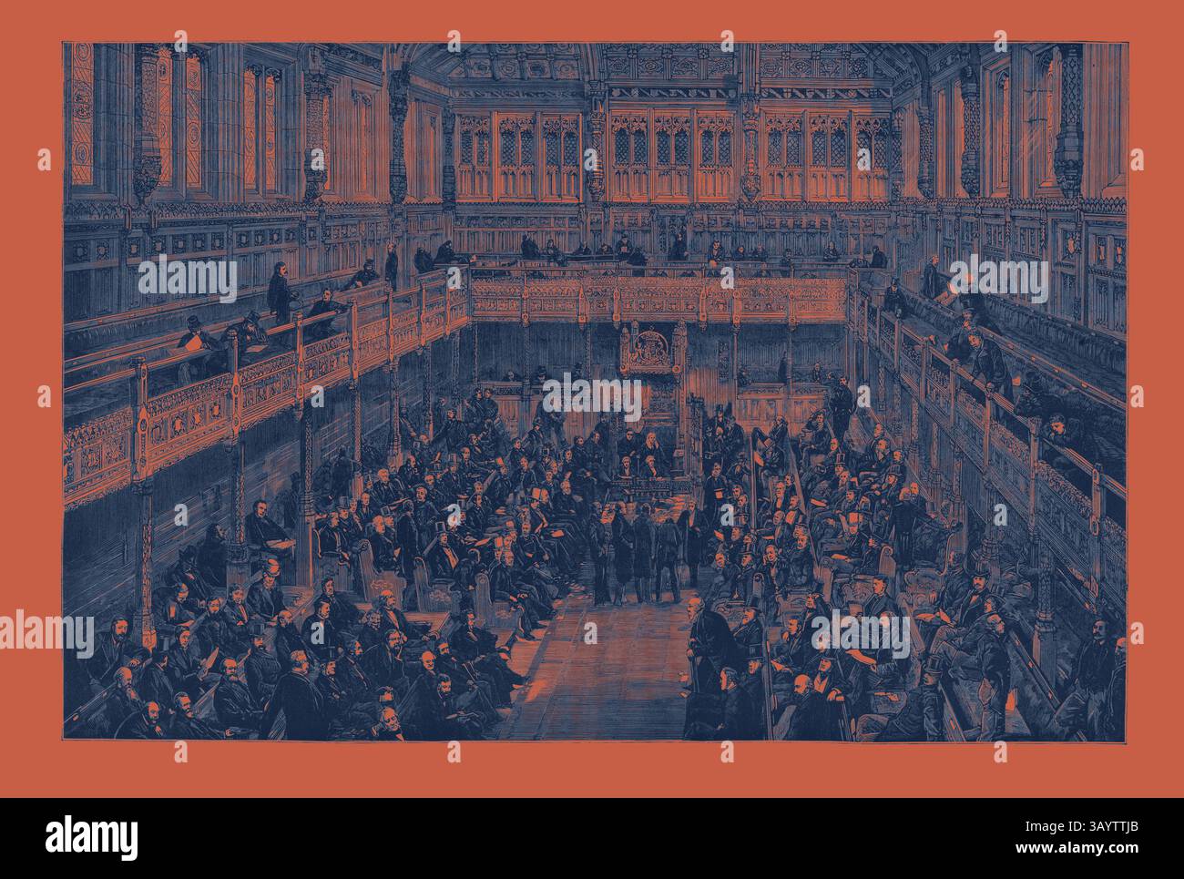 A historic assembly fills a grand chamber, where individuals in period ...