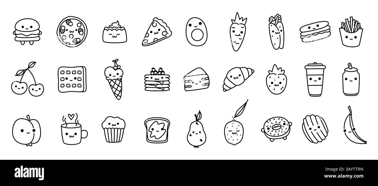 Cute food character icons. Cartoon snack and fast food doodle menu ...