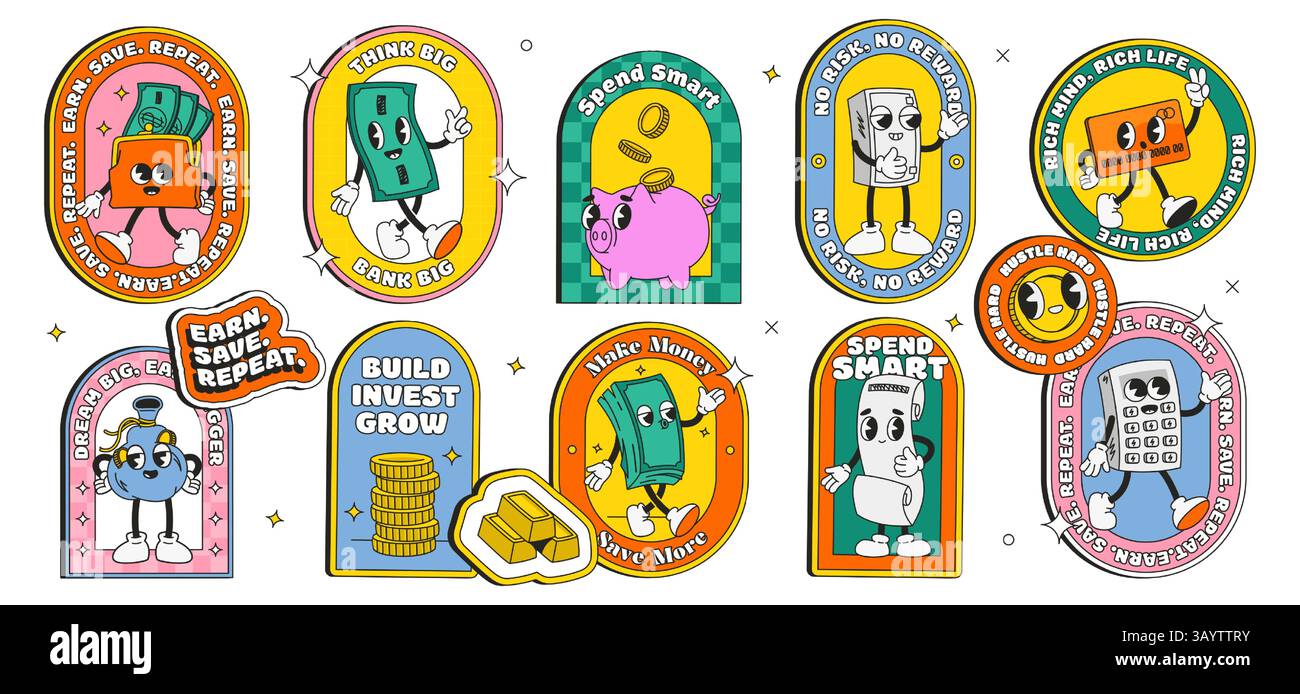 Money retro stickers. Retro Y2k cartoon badges with coins banknotes ...