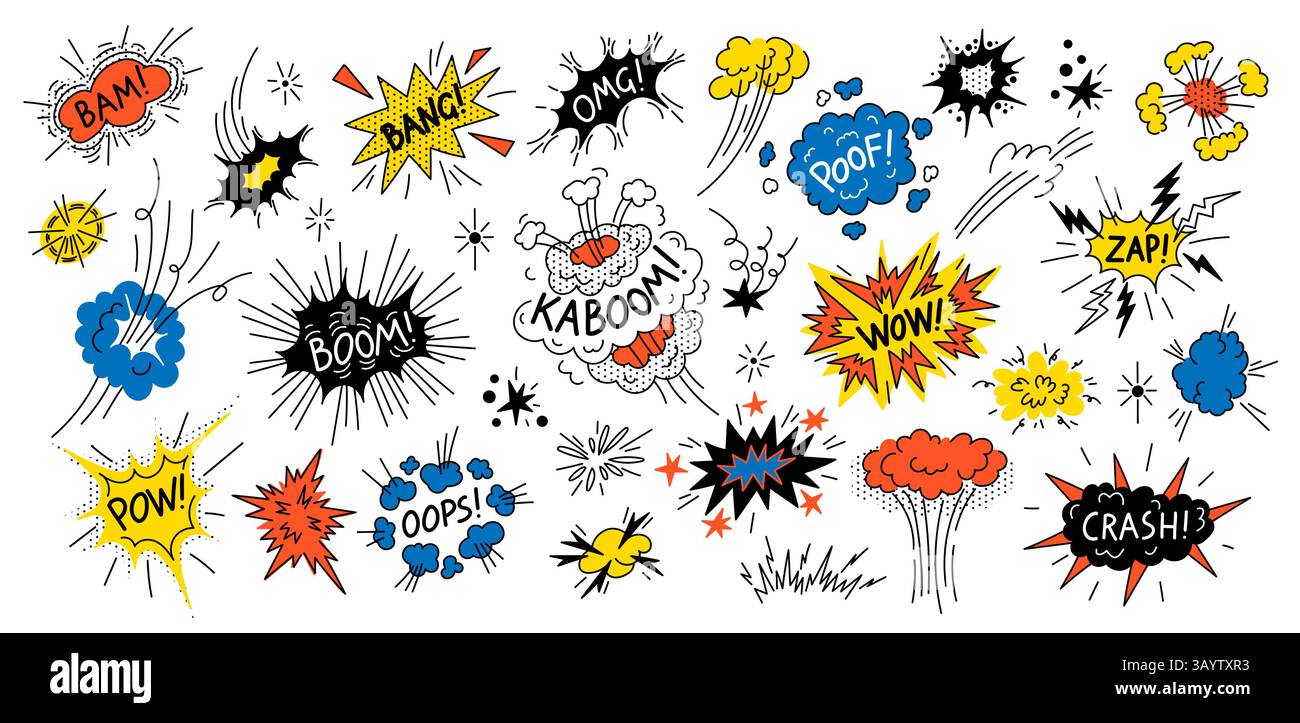 Doodle speech bubble. Comic boom explosion with text and smoke clouds, onomatopoeia sound labels ...