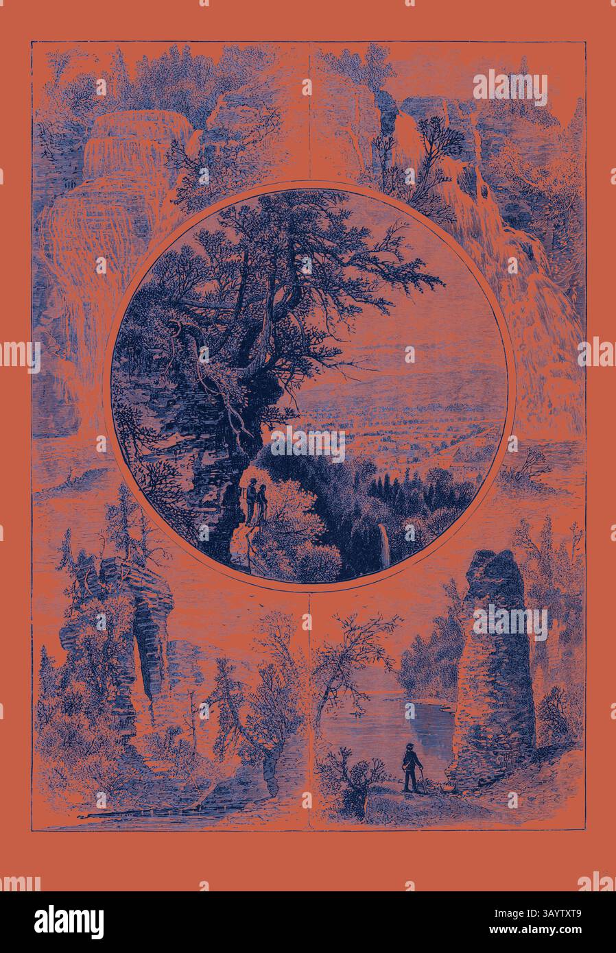 A whimsical landscape featuring rugged cliffs, lush trees, and ...