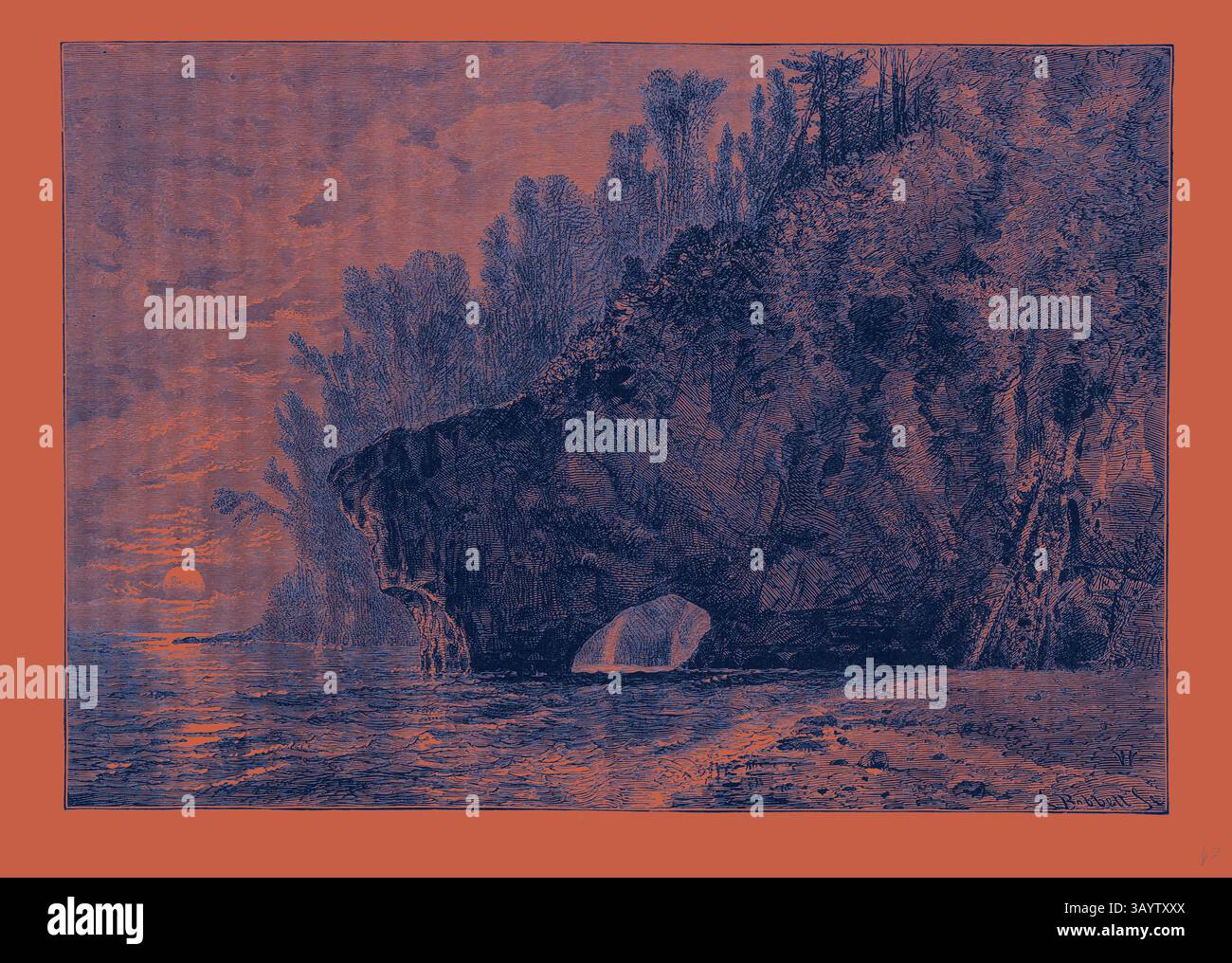 A tranquil seascape featuring a dramatic coastal rock formation, with a ...