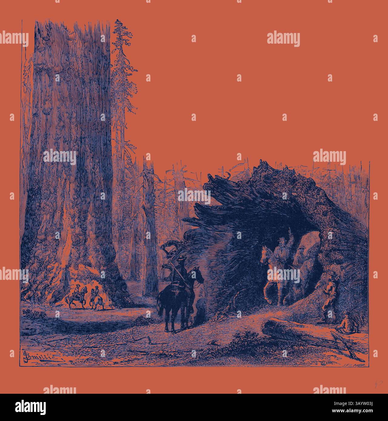 A group of figures on horseback approaches a massive fallen tree in a ...