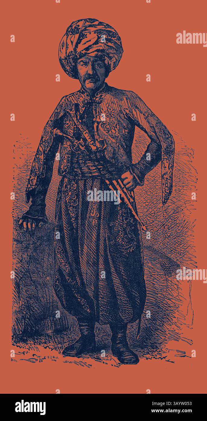 A man dressed in traditional attire, featuring ornate patterns and a ...