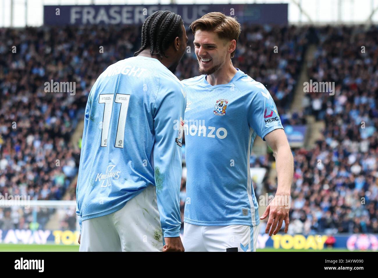 Coventry City's Jack Rudoni celebrates scoring with Haji Wright (left ...