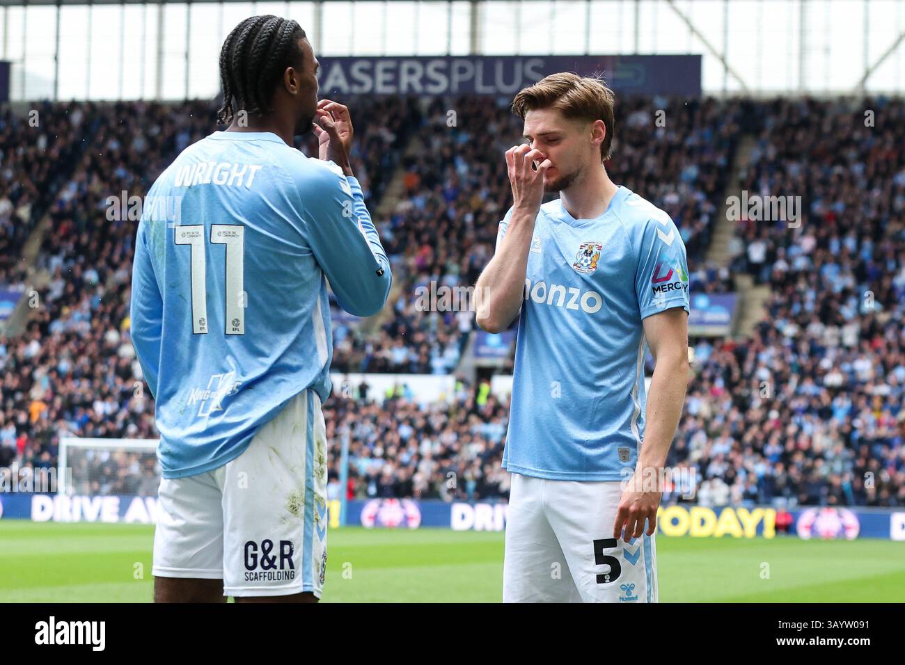 Coventry City's Jack Rudoni celebrates scoring with Haji Wright (left ...
