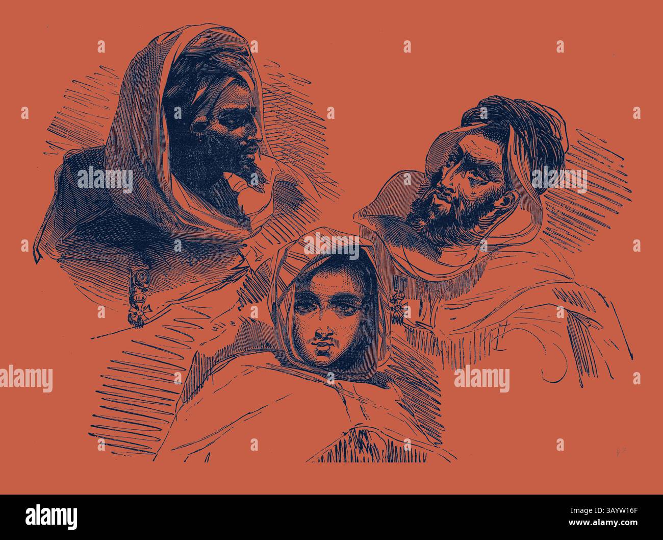 A series of detailed portraits featuring three figures, each adorned ...