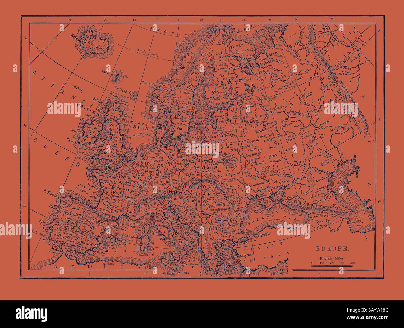 A detailed vintage map of Europe, featuring borders and geographical ...