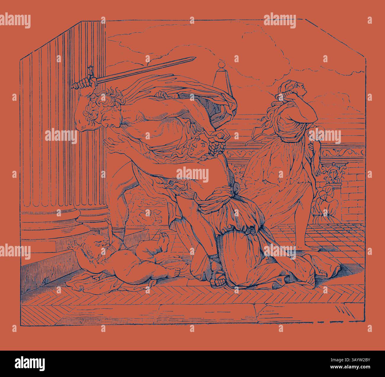 A dramatic scene showcases a heroic figure lifting another while a ...