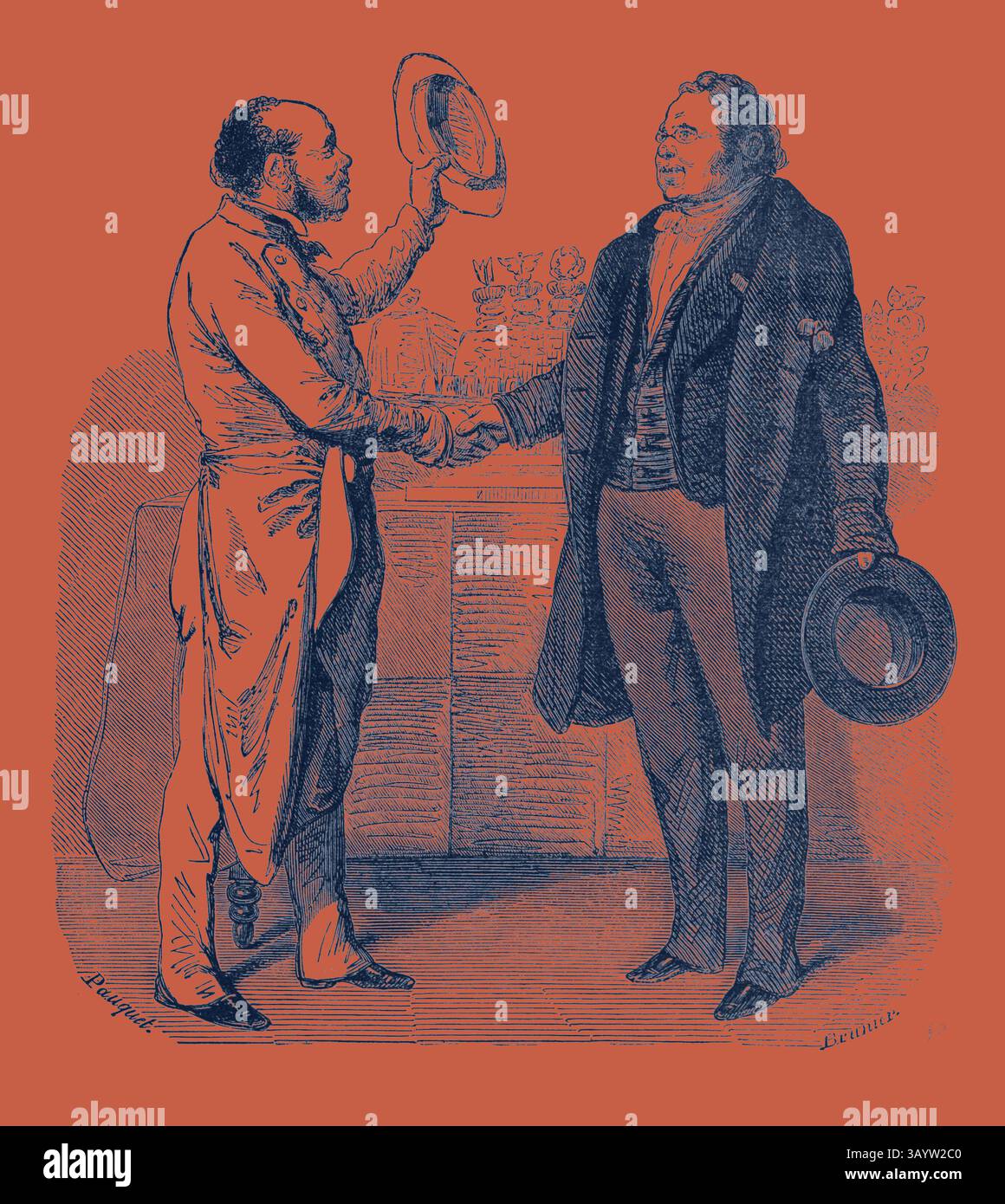 Two elegantly dressed men engage in a cordial handshake, one tipping ...