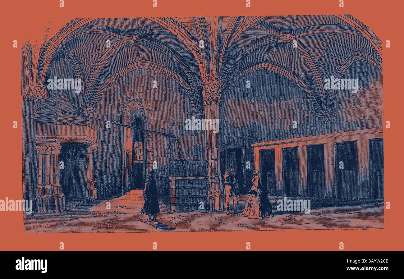 A dimly lit, gothic-style interior features intricate vaulted ceilings ...