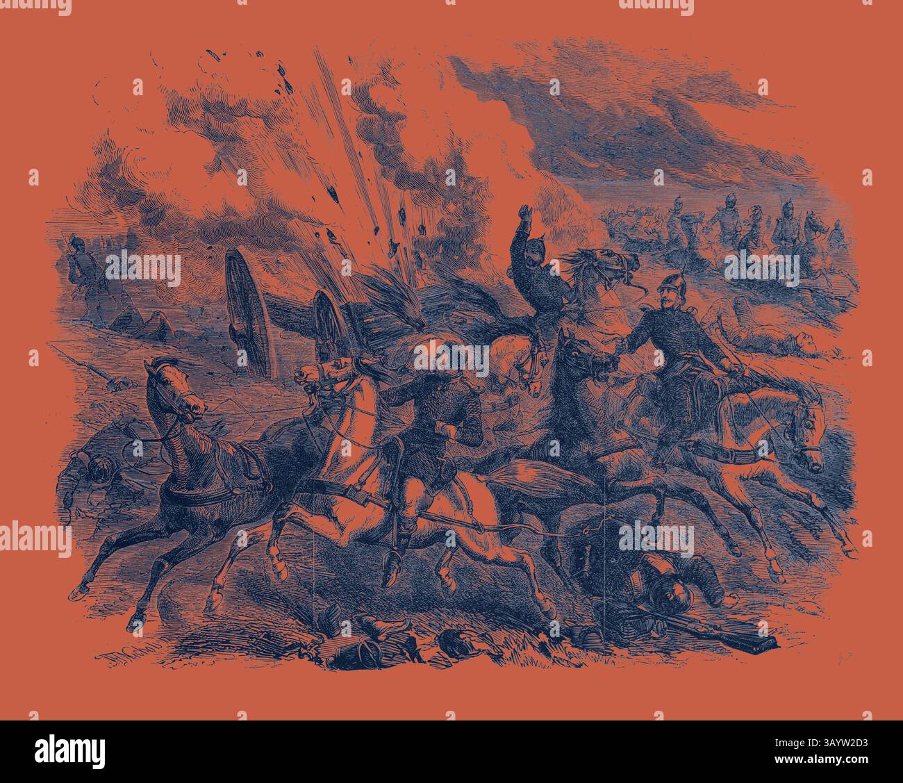 A chaotic battle scene unfolds, featuring soldiers on horseback engaged ...