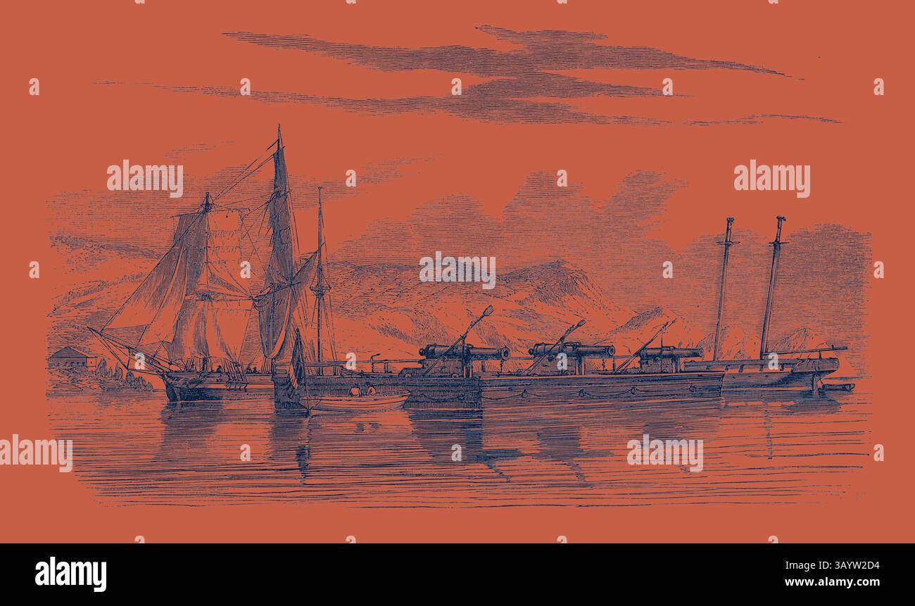 A Vintage Naval Scene Features A Sailing Ship Alongside A Steamboat