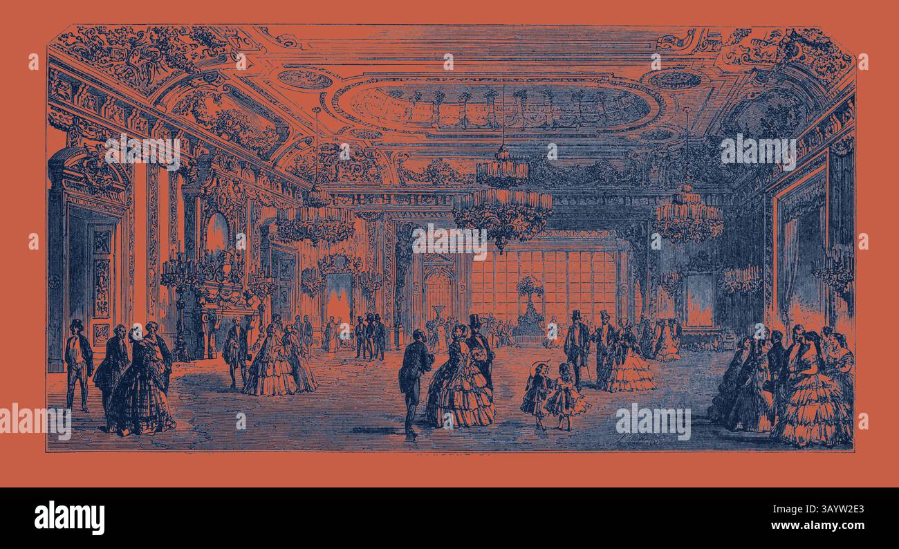 An elegant ballroom scene filled with elegantly dressed couples dancing ...