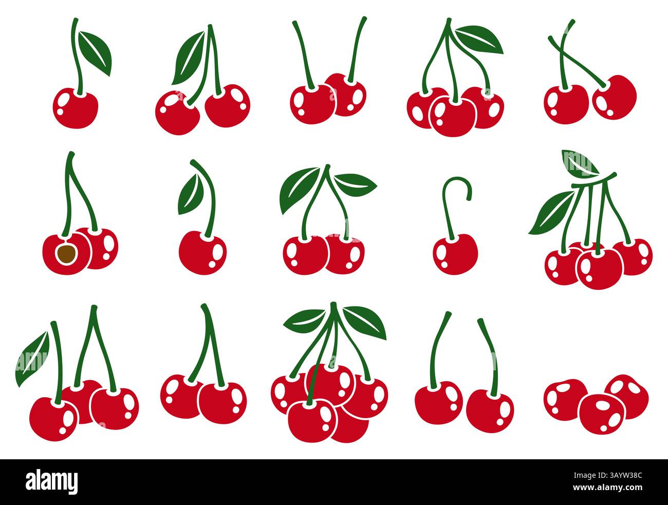 Cherry icon. Red cherries logo, ripe sweet cherry fruits with leaves ...