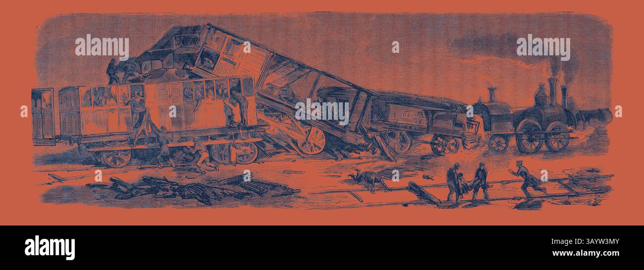 A train derailment scene depicts chaos as multiple train cars are off ...