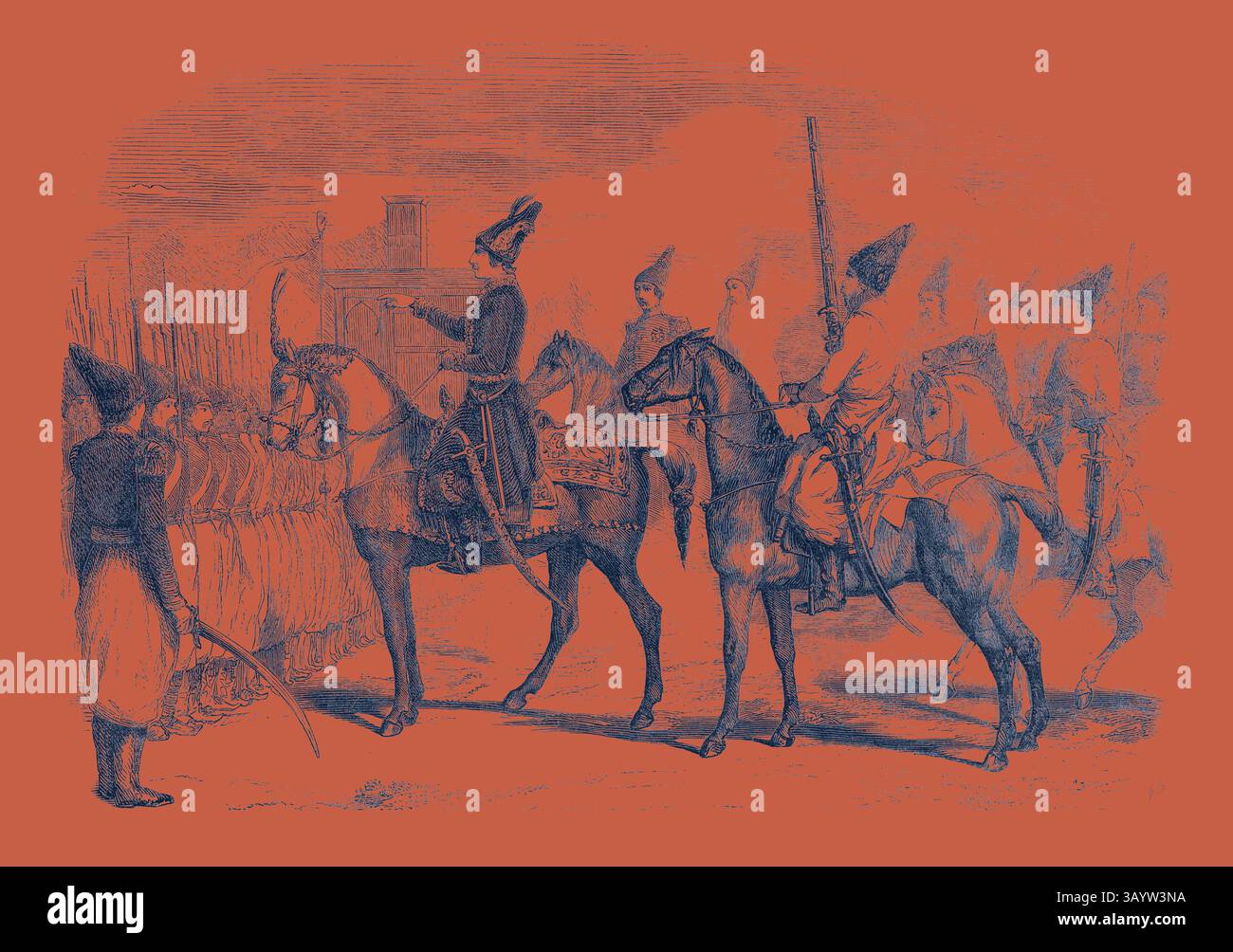 A commanding figure on horseback addresses a line of uniformed soldiers ...