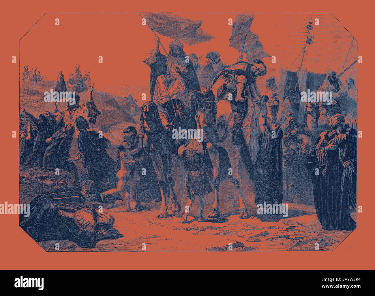 A historical scene depicting a procession with figures on horseback ...
