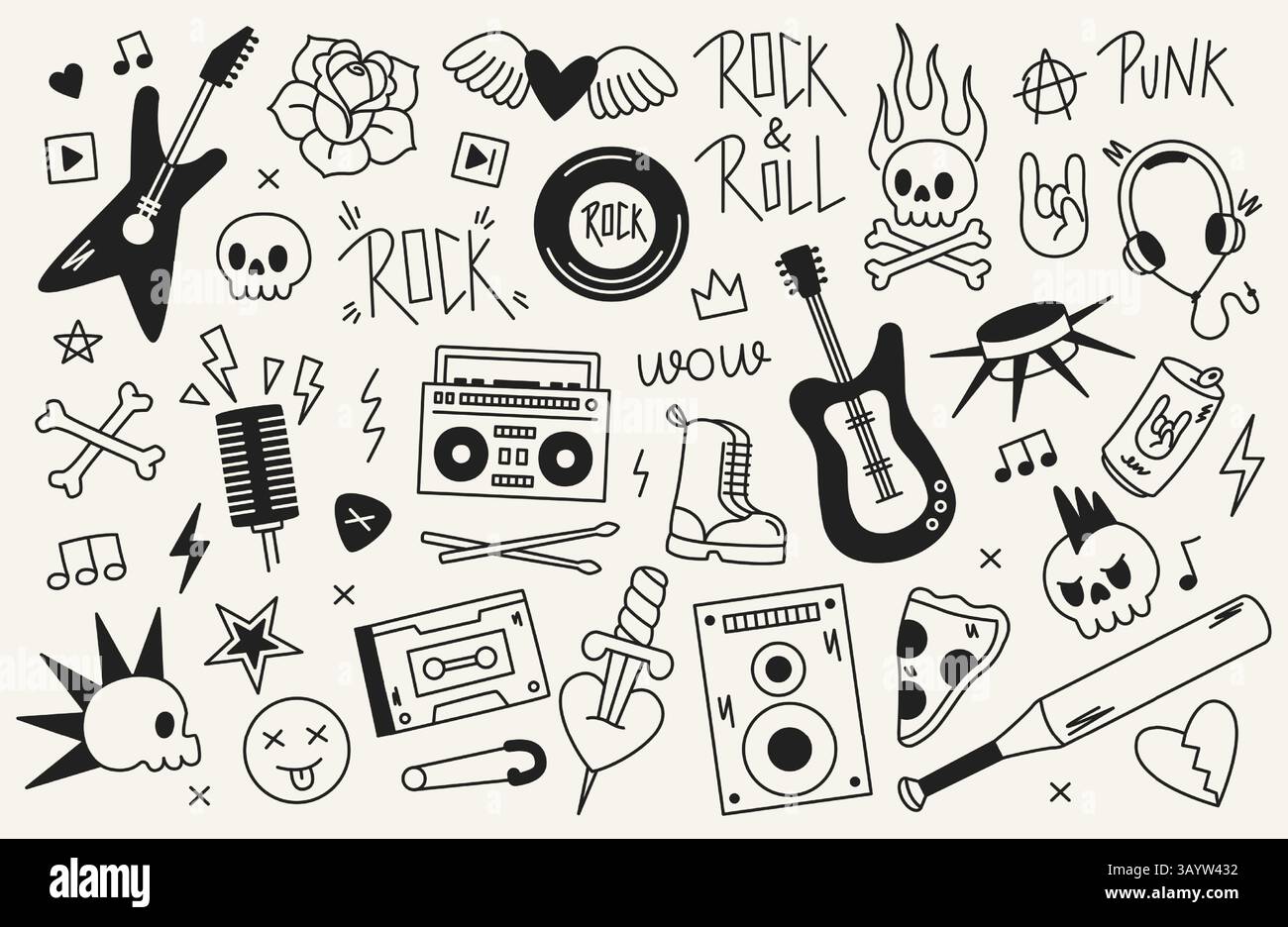 Rock n roll icon. Punk music doodle stickers with guitar phrase star ...
