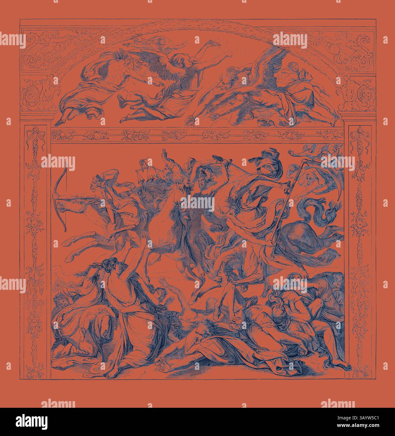 An intricate depiction featuring dynamic figures engaged in a dramatic ...