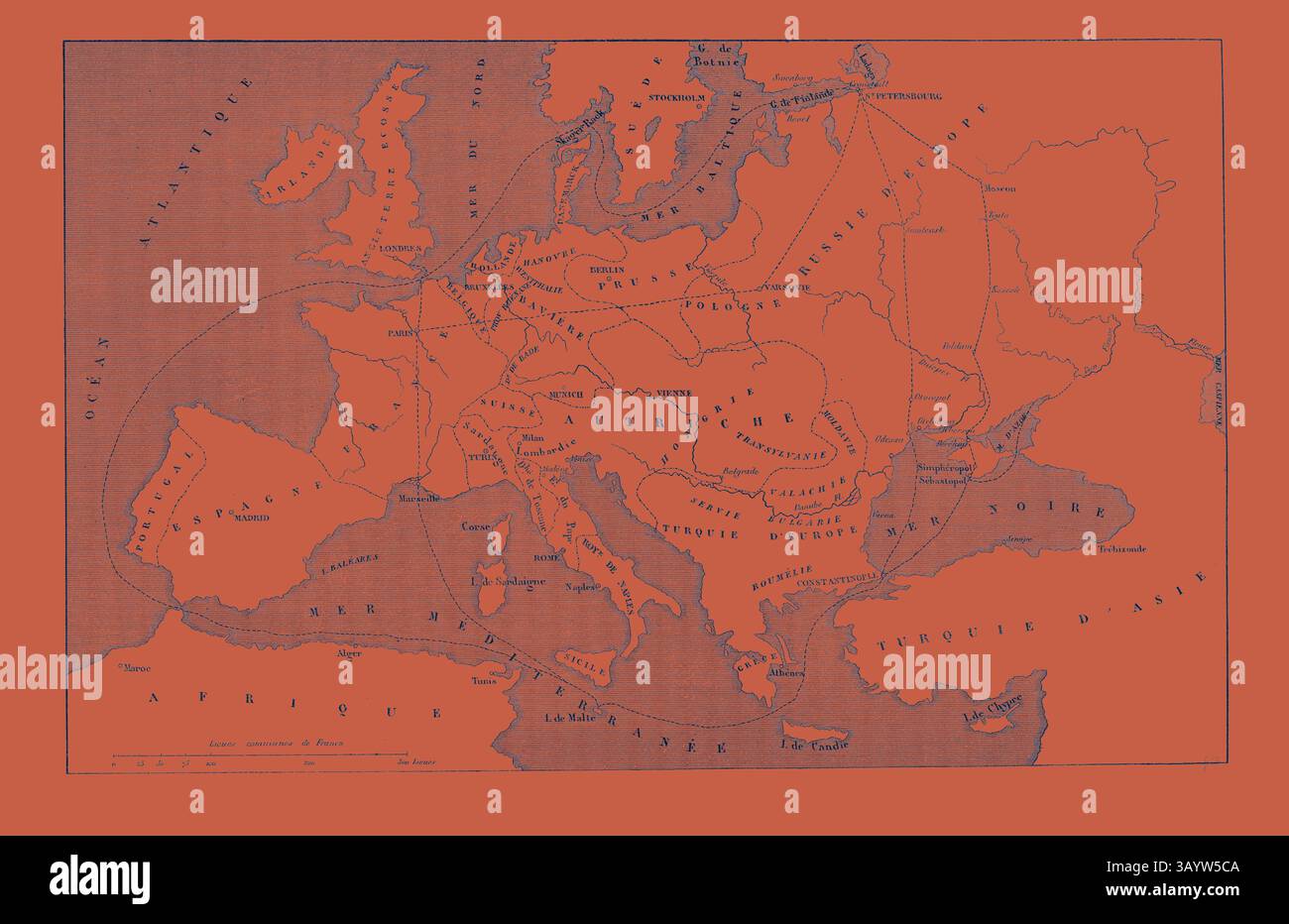 A stylized map of Europe highlighting various regions and cities, with ...