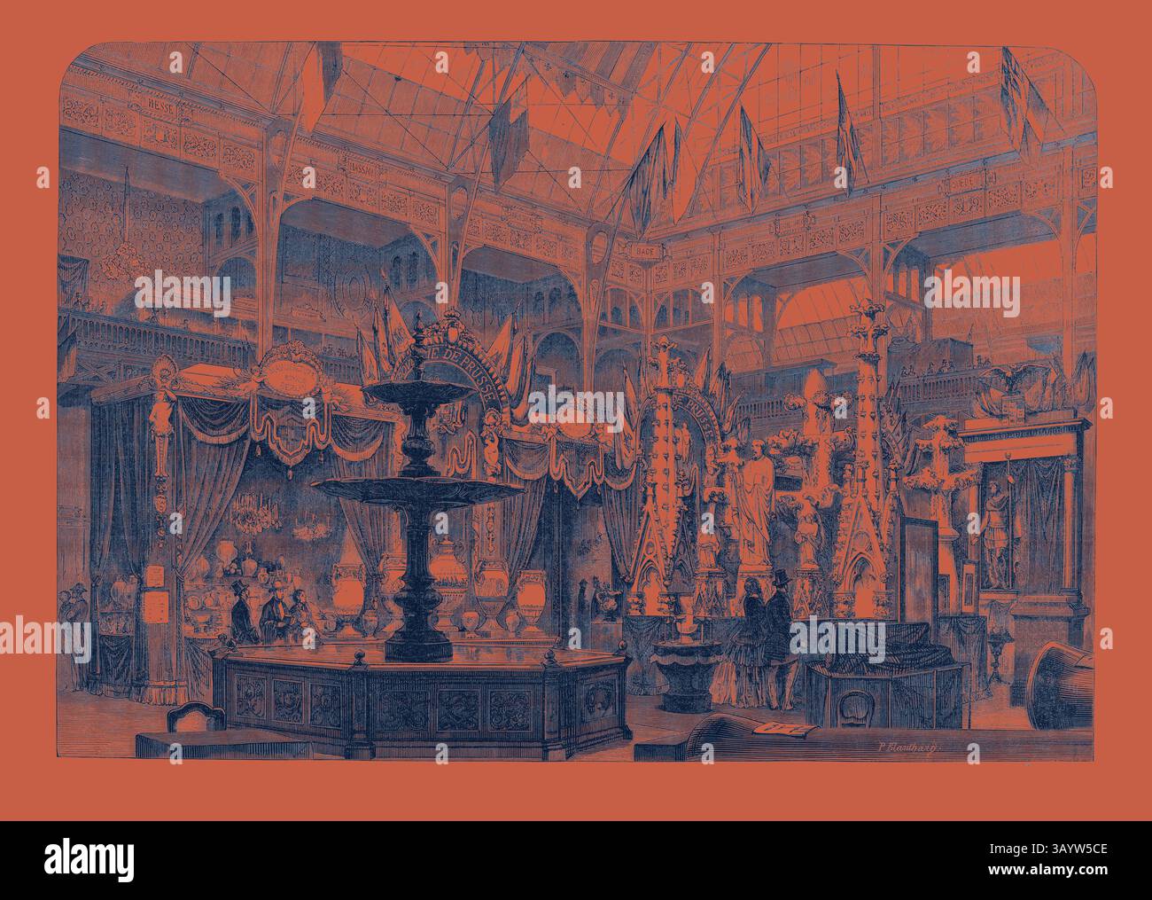 An ornate exhibition hall featuring an elaborate fountain at the center ...
