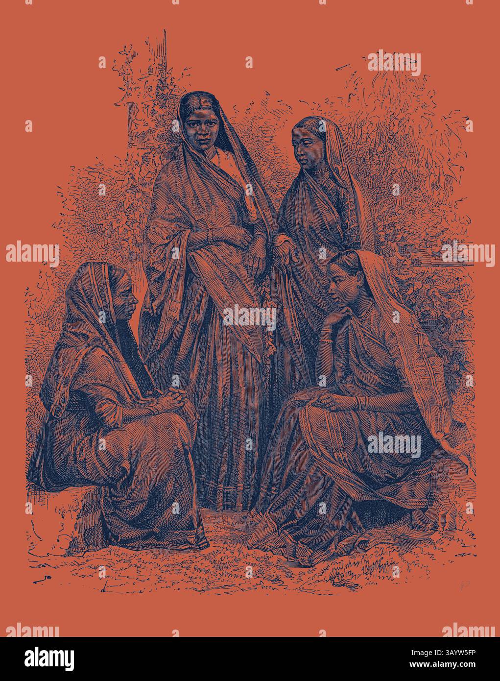 Four women dressed in traditional attire are engaged in conversation ...