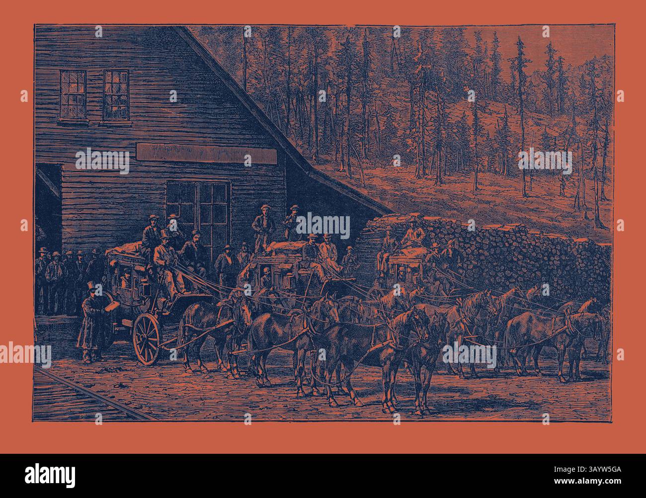 A historical scene depicting a bustling lumberyard, where horse-drawn ...