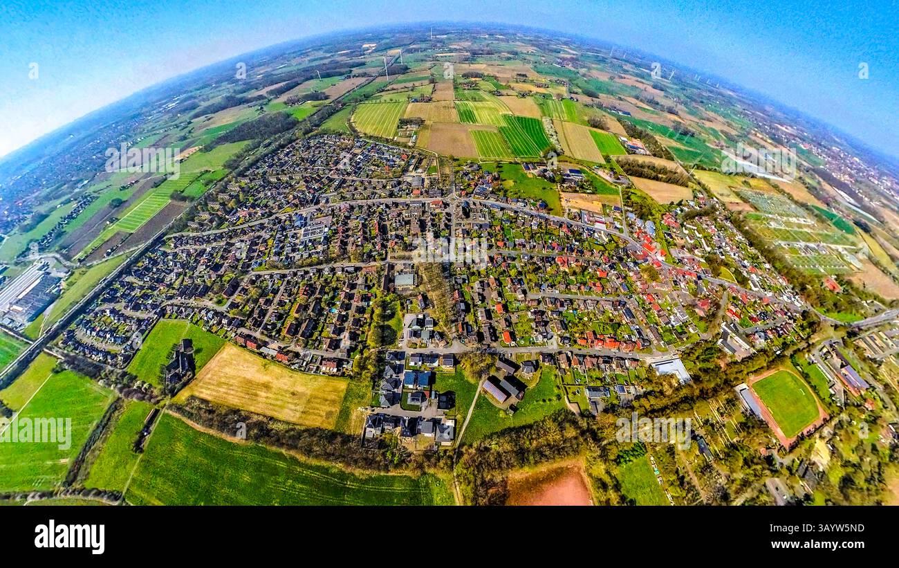 Luftbild, Wohngebiet Ortsansicht Werne-Stockum, Erdkugel, Fisheye ...