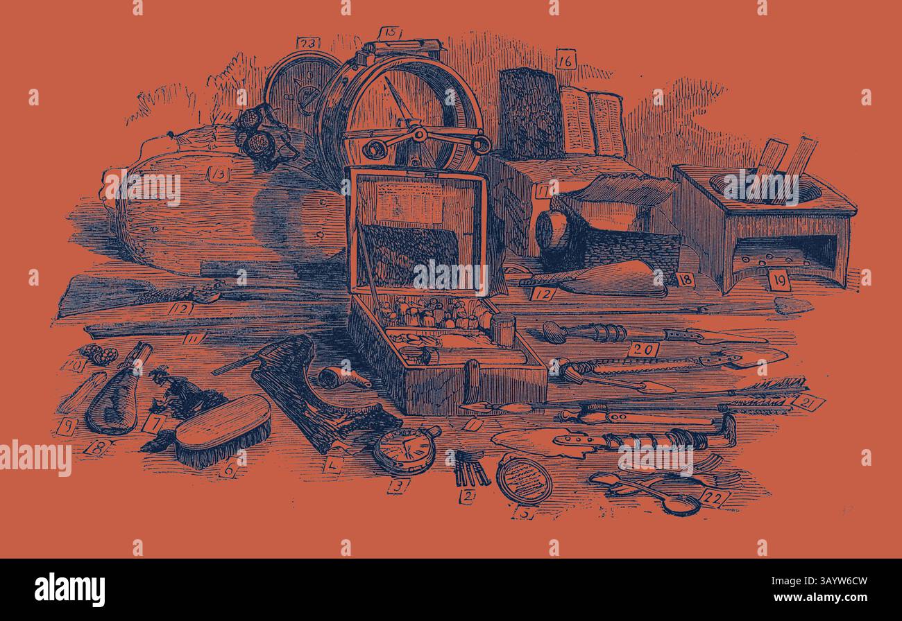 An array of vintage tools and instruments is displayed, including a ...