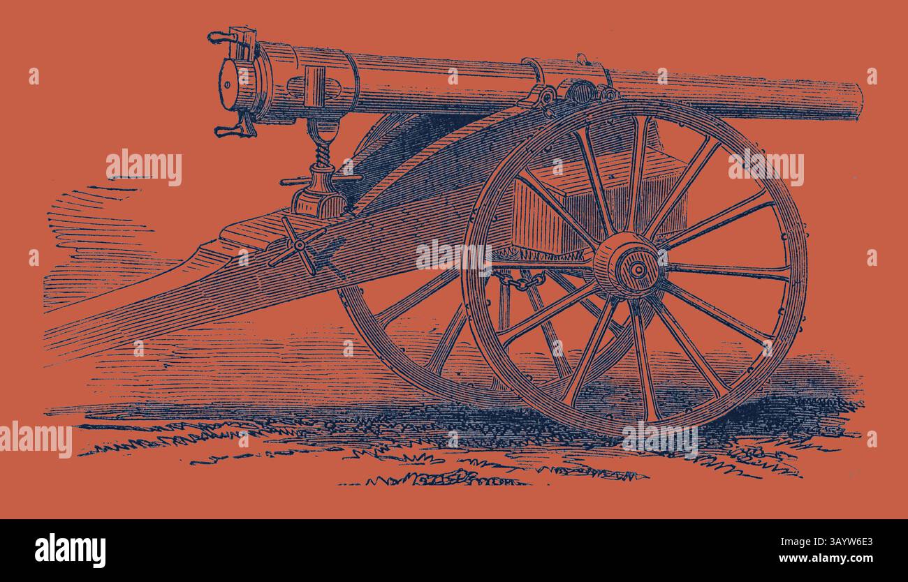 A historical cannon with a large barrel mounted on wooden wheels ...