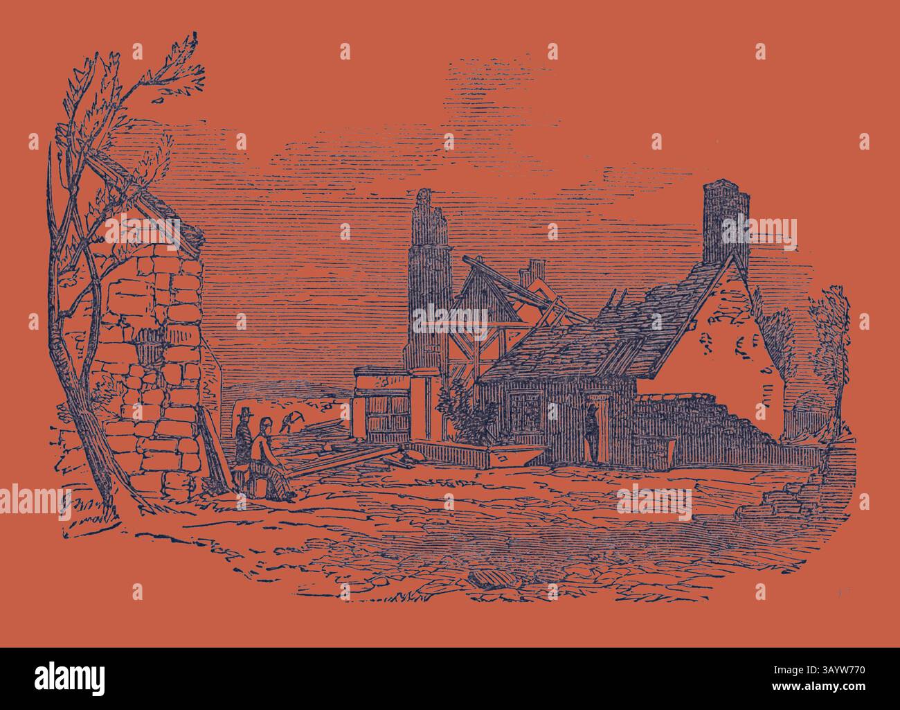 A rustic scene featuring a weathered cottage with a thatched roof ...