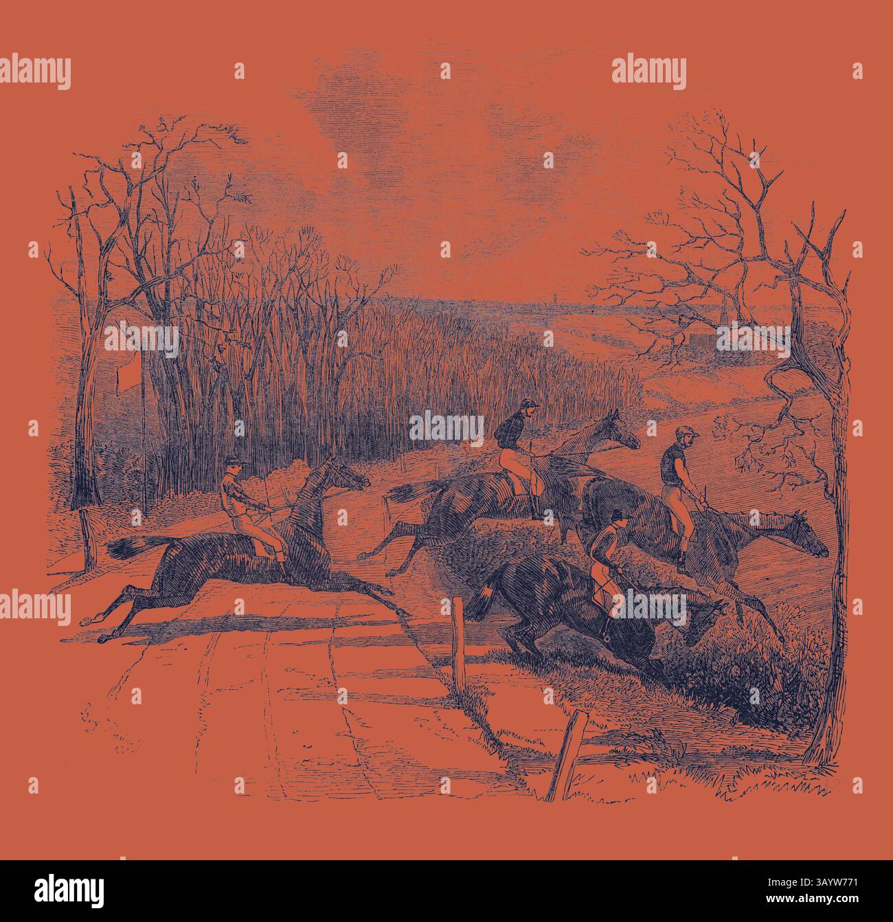 A group of riders in pursuit, navigating a grassy landscape with trees ...