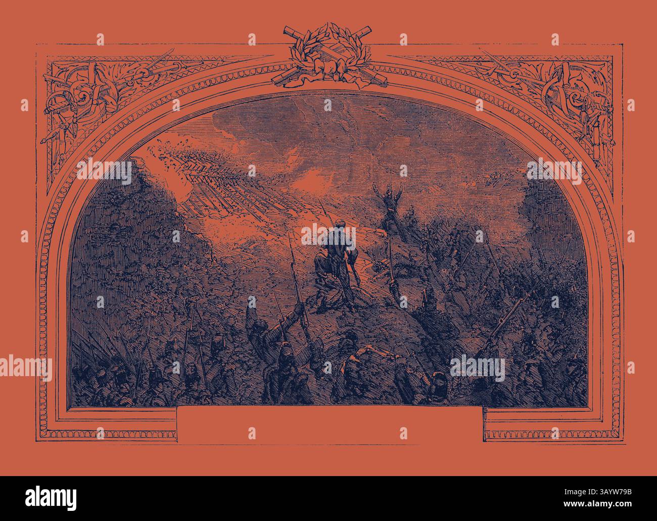 A dramatic scene depicts soldiers in battle, with one figure ...