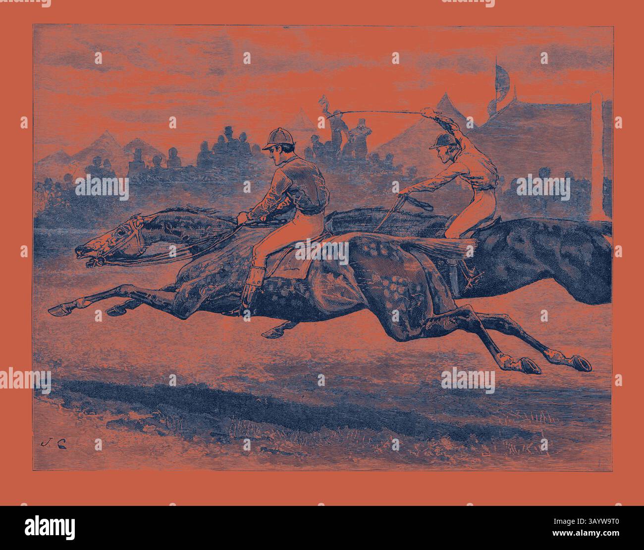 Two horse riders in a dynamic race, one confidently holding a whip ...
